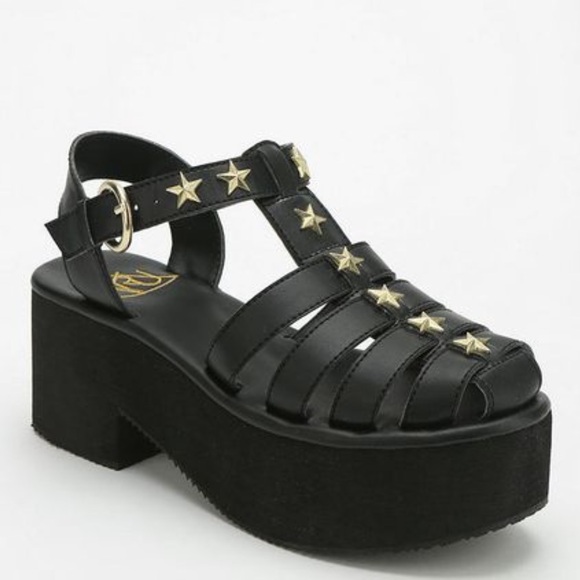 YRU | Shoes | Yru Black And Gold Chunky Platform Gladiator Shoes With ...